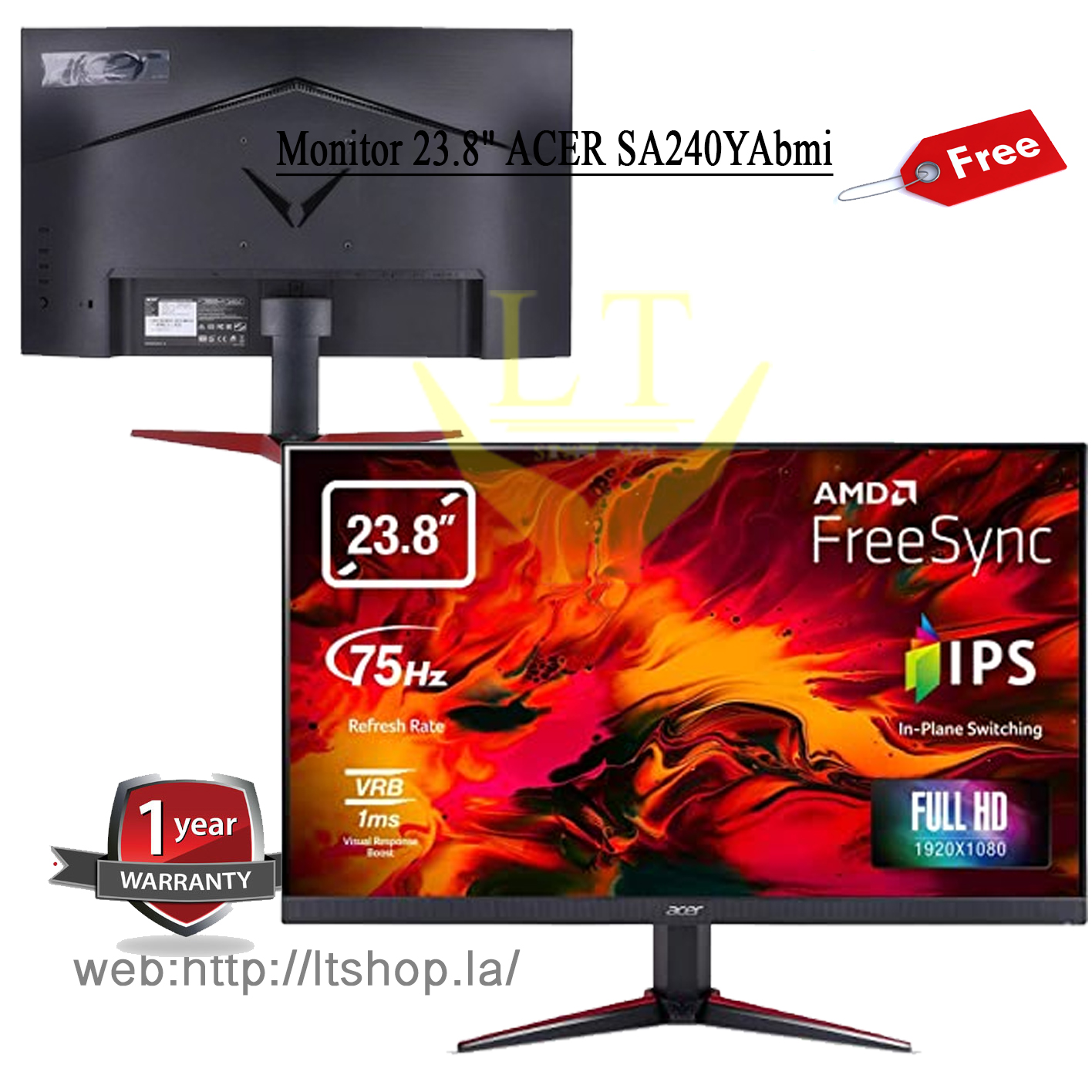 LED Acer Nitro Gaming 23.8"VG240Ybmiix (IPS Panel) 75Hz